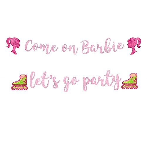 Pink Bachelorette Party Decorations - Come on Lets Go Party Banner with Roller Blades and doll Heads - Pink Party Supplies for Adults Birthday and bachelorette party decorations