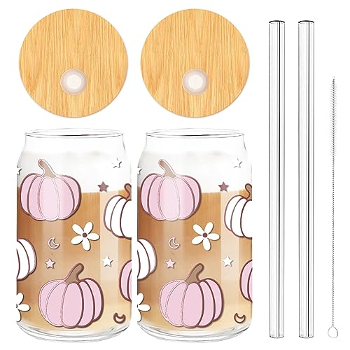 Whaline 2 Pack Fall Drinking Glasses 16oz Pumpkin Flower Star Glass Cup Pink White Pumpkin Iced Coffee Cup with Lid Straw Cleaning Brush for Autumn Thanksgiving Cocktail Whiskey Beer Soda Gifts