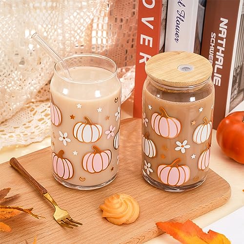 Whaline 2 Pack Fall Drinking Glasses 16oz Pumpkin Flower Star Glass Cup Pink White Pumpkin Iced Coffee Cup with Lid Straw Cleaning Brush for Autumn Thanksgiving Cocktail Whiskey Beer Soda Gifts