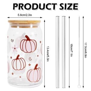 Whaline 2 Pack Fall Drinking Glasses 16oz Pumpkin Flower Star Glass Cup Pink White Pumpkin Iced Coffee Cup with Lid Straw Cleaning Brush for Autumn Thanksgiving Cocktail Whiskey Beer Soda Gifts