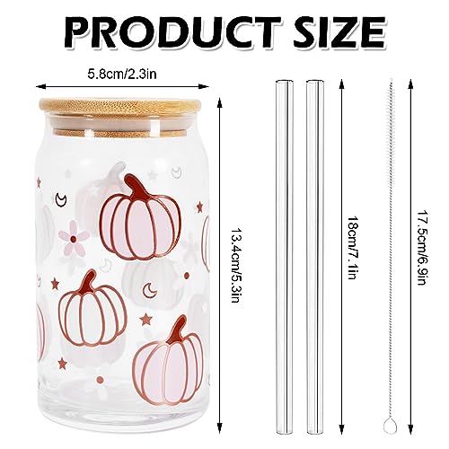 Whaline 2 Pack Fall Drinking Glasses 16oz Pumpkin Flower Star Glass Cup Pink White Pumpkin Iced Coffee Cup with Lid Straw Cleaning Brush for Autumn Thanksgiving Cocktail Whiskey Beer Soda Gifts