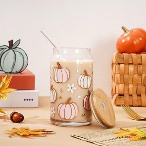 Whaline 2 Pack Fall Drinking Glasses 16oz Pumpkin Flower Star Glass Cup Pink White Pumpkin Iced Coffee Cup with Lid Straw Cleaning Brush for Autumn Thanksgiving Cocktail Whiskey Beer Soda Gifts