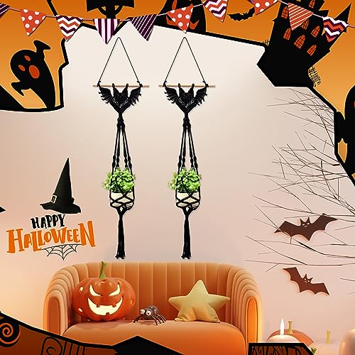 Peryiter 2 Pcs Halloween Bat Macrame Plant Hanger Black Gothic Hanging Plant Holder Decorative Witchy Plant Hanging Basket Hanging Macrame Plant Holder for Flower Pot Wall Party Home Decor 39 x 12 in