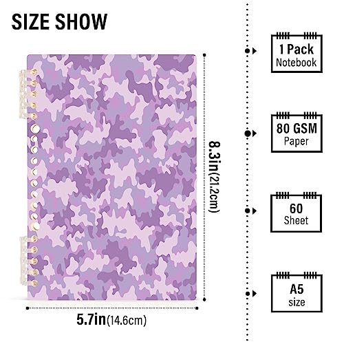 Coikll Digital Camouflage Purple Spiral Notebook Detachable Ruled Wirebound Paper Durable Spiral Binding Note Book for Work, Writing, Journaling-60 Sheets