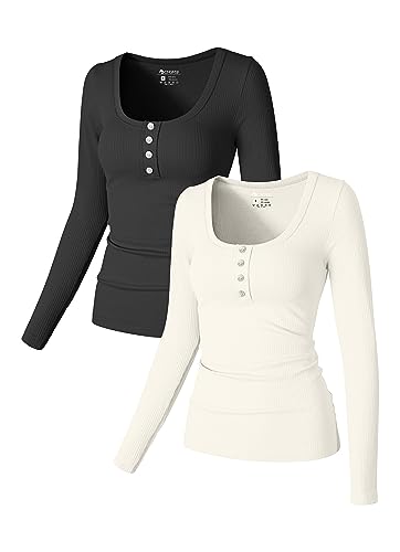 OQQ Women's 2 Piece Long Sleeve Seamless Ribbed Button Stretch Shirt, Black,beige, Medium