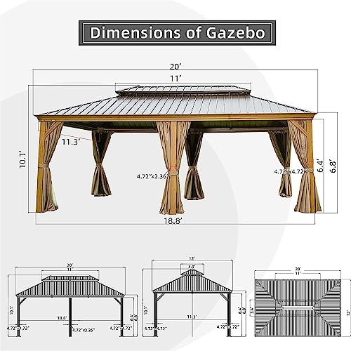 DHPM 12'x20' Hardtop Gazebo Outdoor Aluminum Patio Gazebo Double Roof Galvanized Steel Gazebo Canopy with Netting and Curtains,for Garden Patio,Patio Backyard,Deck and Lawns