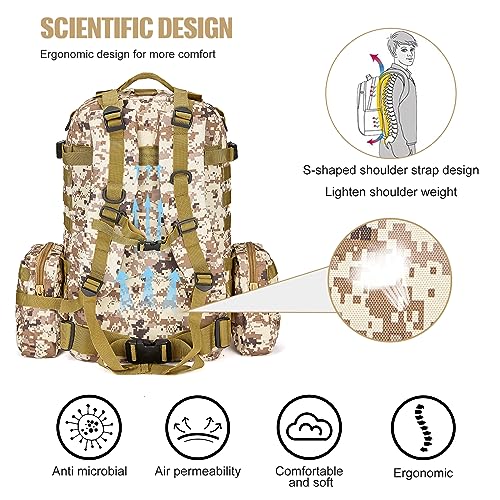 CALUOMATT Large Military Tactical Backpack for Men, 50-60L Military Backpack for Men and Women, Bug out Bag Army 3 Days Assault Pack Bag Rucksack with Molle System