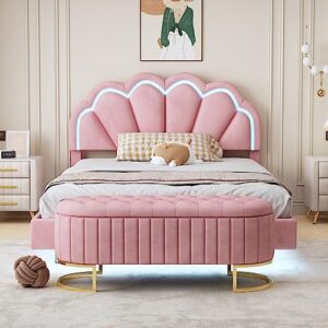 full size velvet upholstered bed, floating platform bed frame with storage ottoman, flowers shape headboard and led lights, floating bed smart led bed for kids adults bedroom furniture (pink ottoman)