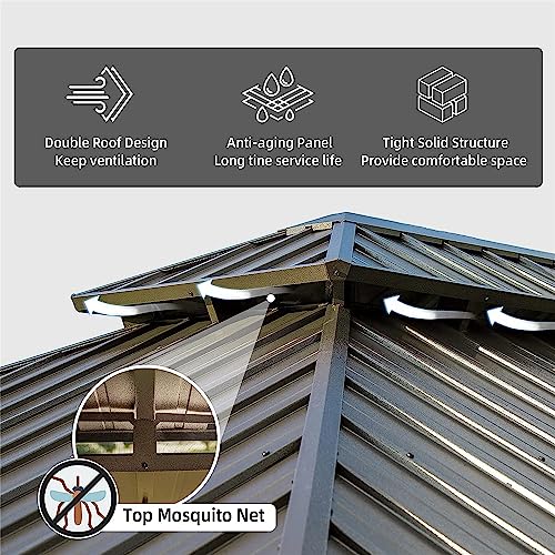 EMKK 12' x 14' Hardtop Gazebo Aluminum Outdoor Patio Gazebo with Curtain & Netting, Galvanized Steel Double Roof Canopy Gazebo for Garden, Patio & Lawn,Backyard,Outdoor Permanent Metal Pavilion