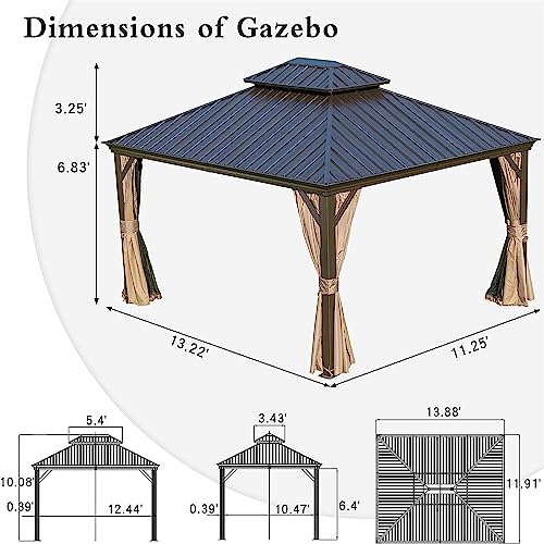 EMKK 12' x 14' Hardtop Gazebo Aluminum Outdoor Patio Gazebo with Curtain & Netting, Galvanized Steel Double Roof Canopy Gazebo for Garden, Patio & Lawn,Backyard,Outdoor Permanent Metal Pavilion