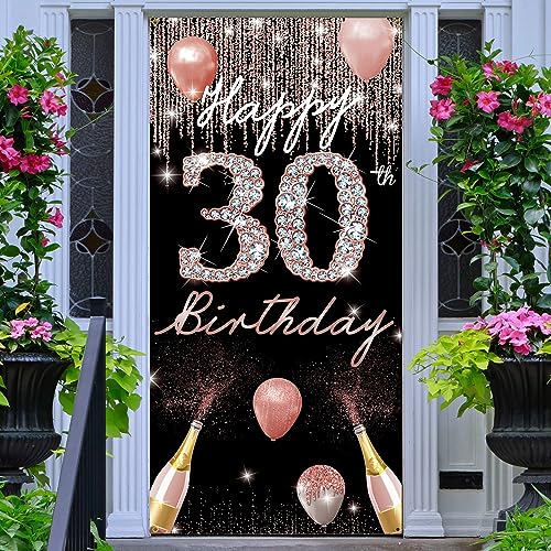 30th Birthday Decoration for Women, Happy 30th Birthday Door Backdrop Banner Rose Gold, 30 Year Old Birthday Party Yard Sign Photo Booth Props Background Poster, Thirty Bday Decor, Fabric, PHXEY