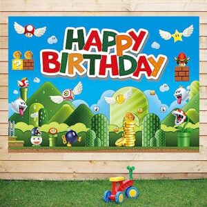 DIZHI Super Bros Happy Birthday Party Decorations Supplies for Boy Adventure Theme Cartoon Video Game Banner Children Happy Birthday Party Decor Supplies Photography Poster Backdrop 5x3ft