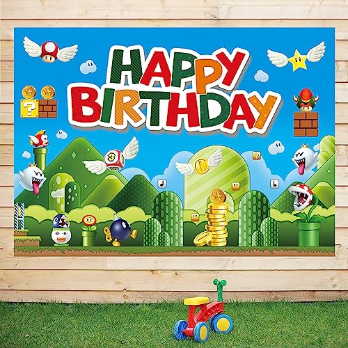 DIZHI Super Bros Happy Birthday Party Decorations Supplies for Boy Adventure Theme Cartoon Video Game Banner Children Happy Birthday Party Decor Supplies Photography Poster Backdrop 5x3ft