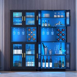 LVSOMT LED Wine Bar Cabinets with Removable Wine Rack, Bar Cabinets for Liquor with Light Motion Sensor, Kitchen Cabinet Storage for Dinning Room, Living Room (Black)