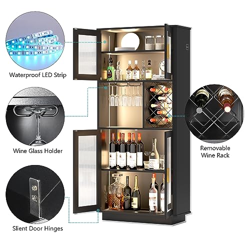 LVSOMT LED Wine Bar Cabinets with Removable Wine Rack, Bar Cabinets for Liquor with Light Motion Sensor, Kitchen Cabinet Storage for Dinning Room, Living Room (Black)