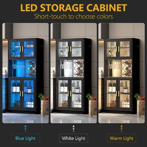 LVSOMT LED Wine Bar Cabinets with Removable Wine Rack, Bar Cabinets for Liquor with Light Motion Sensor, Kitchen Cabinet Storage for Dinning Room, Living Room (Black)