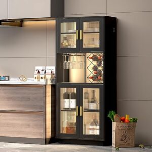 LVSOMT LED Wine Bar Cabinets with Removable Wine Rack, Bar Cabinets for Liquor with Light Motion Sensor, Kitchen Cabinet Storage for Dinning Room, Living Room (Black)