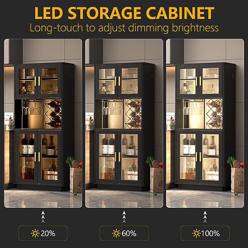 LVSOMT LED Wine Bar Cabinets with Removable Wine Rack, Bar Cabinets for Liquor with Light Motion Sensor, Kitchen Cabinet Storage for Dinning Room, Living Room (Black)