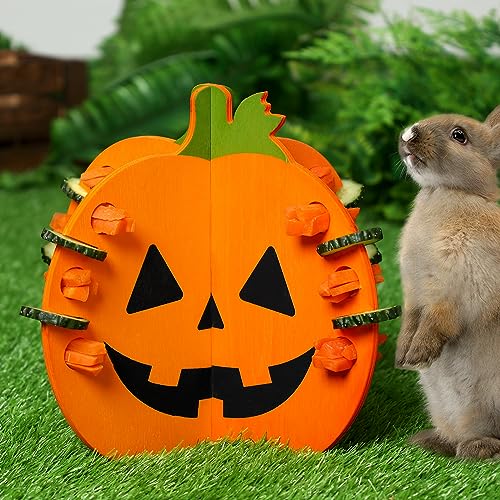 Rabbit Toy Halloween Pumpkin Rabbit Feeder Wooden Interactive Toy for Guinea Pig Hamster Chinchilla Bunny Treats Enrichment Toy Foraging Mental Stimulation Rabbit Accessories Indoor Habitat Decor