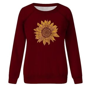 Womens Summer Clothes 2023 2024 Sudaderas para Mujer con Estampado girasoles Jersey Manga Larga Camisa Cuello Redondo ropa de otoño Primavera H2-Wine Small