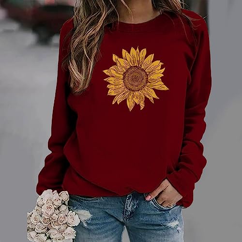 Womens Summer Clothes 2023 2024 Sudaderas para Mujer con Estampado girasoles Jersey Manga Larga Camisa Cuello Redondo ropa de otoño Primavera H2-Wine Small