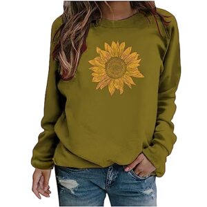 lawor fall blouses for women 2023 2024 fashion sudaderas para mujer con estampado girasoles jersey manga larga camisa cuello redondo ropa de otoño primavera h3-army green small