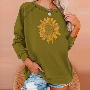 LAWOR Fall Blouses For Women 2023 2024 Fashion Sudaderas para mujer con estampado girasoles jersey manga larga camisa cuello redondo ropa de otoño primavera H3-Army Green Small