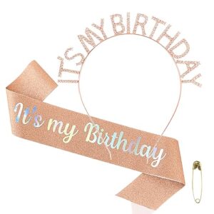 bahaby birthday crowns for women, it's my birthday sash & birthday headband set princess birthday sash and tiara birthday gifts for women girls sweet happy birthday accessories for party- rose gold