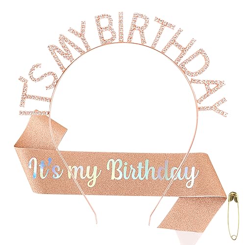 BAHABY Birthday Crowns for Women, It's My Birthday Sash & Birthday Headband Set Princess Birthday Sash and Tiara Birthday Gifts for Women Girls Sweet Happy Birthday Accessories for Party- Rose Gold