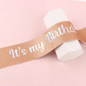 BAHABY Birthday Crowns for Women, It's My Birthday Sash & Birthday Headband Set Princess Birthday Sash and Tiara Birthday Gifts for Women Girls Sweet Happy Birthday Accessories for Party- Rose Gold