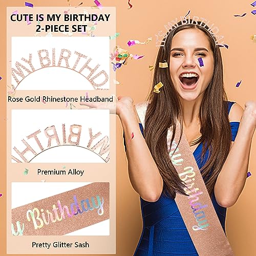 BAHABY Birthday Crowns for Women, It's My Birthday Sash & Birthday Headband Set Princess Birthday Sash and Tiara Birthday Gifts for Women Girls Sweet Happy Birthday Accessories for Party- Rose Gold