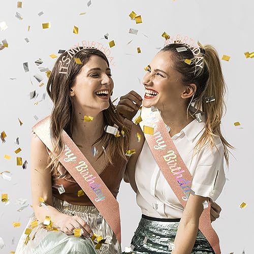 BAHABY Birthday Crowns for Women, It's My Birthday Sash & Birthday Headband Set Princess Birthday Sash and Tiara Birthday Gifts for Women Girls Sweet Happy Birthday Accessories for Party- Rose Gold