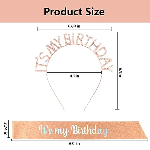 BAHABY Birthday Crowns for Women, It's My Birthday Sash & Birthday Headband Set Princess Birthday Sash and Tiara Birthday Gifts for Women Girls Sweet Happy Birthday Accessories for Party- Rose Gold