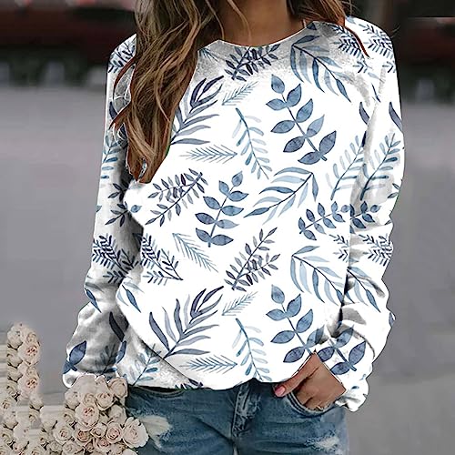 LAWOR Womens T Shirts 2023 Summer Sudadera Gran tamaño Mujer Camisa retales florales Jersey Manga Larga Cuello Redondo Estampado mármol ropa otoño Q3-Sky Blue X-Large