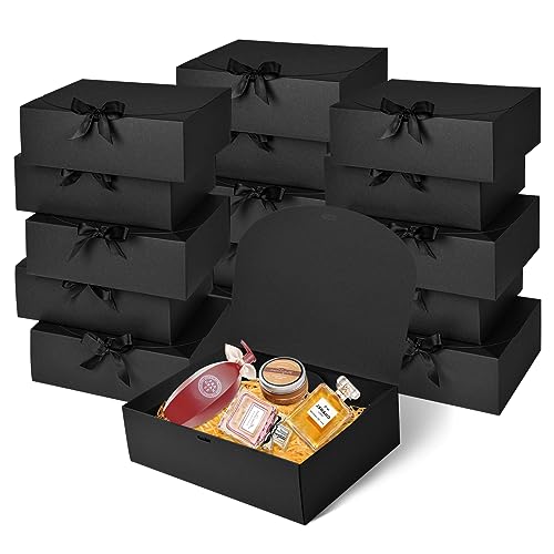 12Pack Black Gift Boxes with Lids, 12×9.8×3.1 Inch Groomsmen Proposal Box, Luxury Black Gift Box with Ribbon for Wedding Box, Birthday Box, Party Box, Christmas Boxes,Bridesmaid Box,Graduation Gift Box (Black)