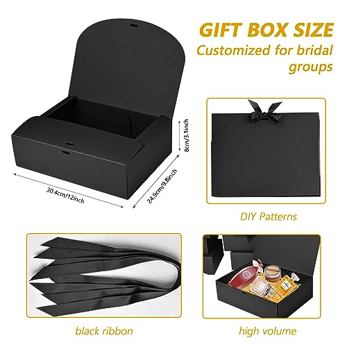 12Pack Black Gift Boxes with Lids, 12×9.8×3.1 Inch Groomsmen Proposal Box, Luxury Black Gift Box with Ribbon for Wedding Box, Birthday Box, Party Box, Christmas Boxes,Bridesmaid Box,Graduation Gift Box (Black)