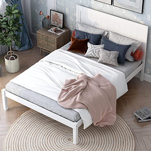 Merax Full Size Wood Platform Bed with Headboard, Wood Slat Support, No Box Spring Needed,Full Size Platform Bed,White