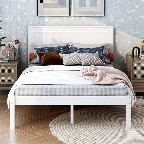 Merax Full Size Wood Platform Bed with Headboard, Wood Slat Support, No Box Spring Needed,Full Size Platform Bed,White