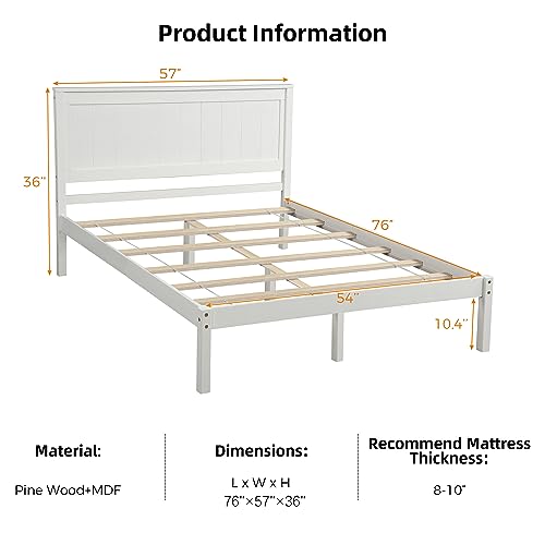 Merax Full Size Wood Platform Bed with Headboard, Wood Slat Support, No Box Spring Needed,Full Size Platform Bed,White