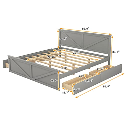 Prohon Wooden Platform Bed with 4 Storage Drawers & Headboard, King Size Bed Frame, Modern Bedframe for Kids, Teen & Adults, No Box Spring Needed, Space-Saving, Gray