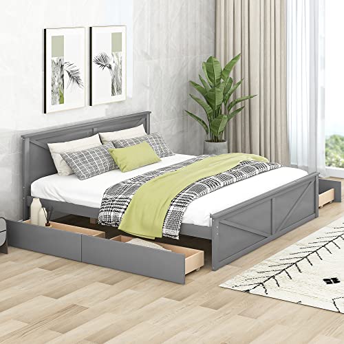 Prohon Wooden Platform Bed with 4 Storage Drawers & Headboard, King Size Bed Frame, Modern Bedframe for Kids, Teen & Adults, No Box Spring Needed, Space-Saving, Gray