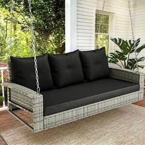 yitahome 3-seats wicker hanging porch swing chair outdoor gray rattan patio swing lounge 3 back cushions capacity for garden, balcony, living room, gray rattan black cushion