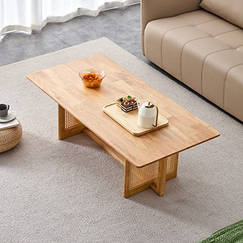 LUSPAZ Rattan Coffee Table Rectangular Solid Wood Coffee Table with Cross Table Legs for Living Room Furniture