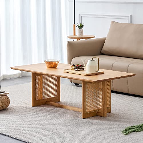 LUSPAZ Rattan Coffee Table Rectangular Solid Wood Coffee Table with Cross Table Legs for Living Room Furniture