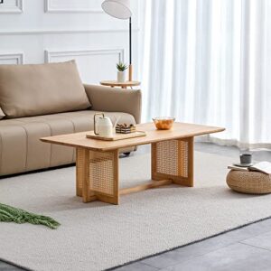 LUSPAZ Rattan Coffee Table Rectangular Solid Wood Coffee Table with Cross Table Legs for Living Room Furniture