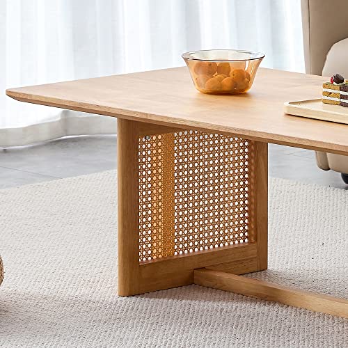 LUSPAZ Rattan Coffee Table Rectangular Solid Wood Coffee Table with Cross Table Legs for Living Room Furniture