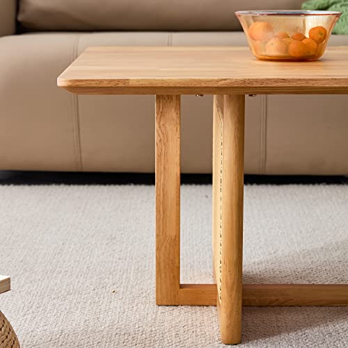 LUSPAZ Rattan Coffee Table Rectangular Solid Wood Coffee Table with Cross Table Legs for Living Room Furniture