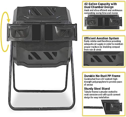 Compost Bins Outdoor 43 Gallon Garden Compost Tumbler Bin ｜ Extra Wide Dual Chamber with 360 Degree Rotating Composter Food Waste Bin ｜Outdoor Aerating Waste Bin Composting Tumbler