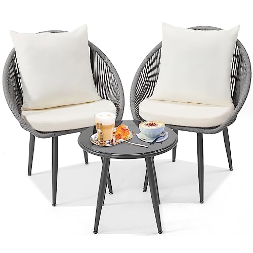 Wildformers 3 Pieces Bistro Set, Woven Rope Chair with Cushions, All Weather Patio Conversation Set and Side Table, Ideal for Deck, Balcony, Poolside, Grey