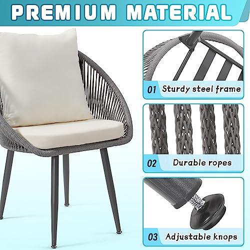 Wildformers 3 Pieces Bistro Set, Woven Rope Chair with Cushions, All Weather Patio Conversation Set and Side Table, Ideal for Deck, Balcony, Poolside, Grey